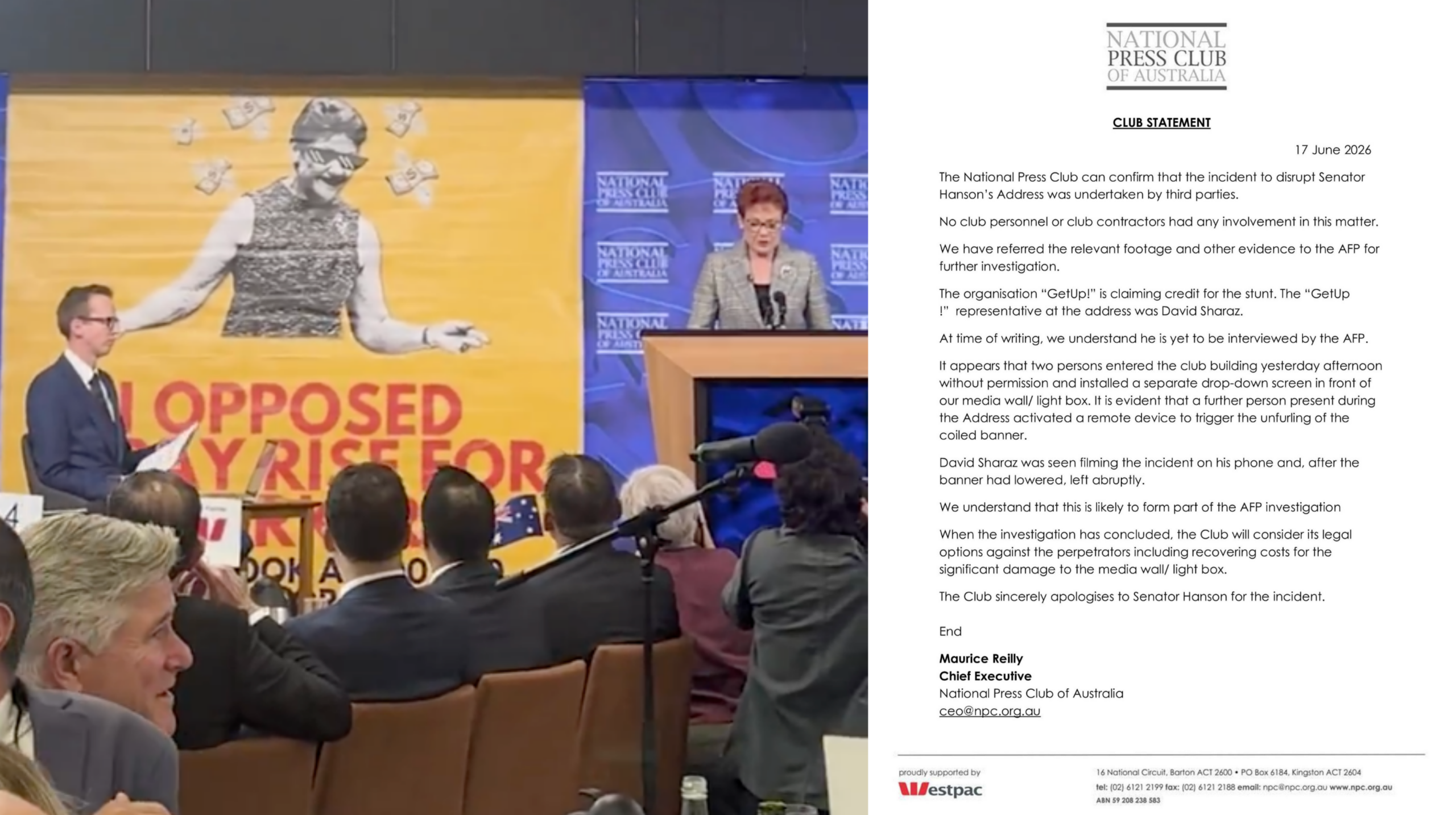 National Press Club apologises to Pauline Hanson after GetUp banner ...